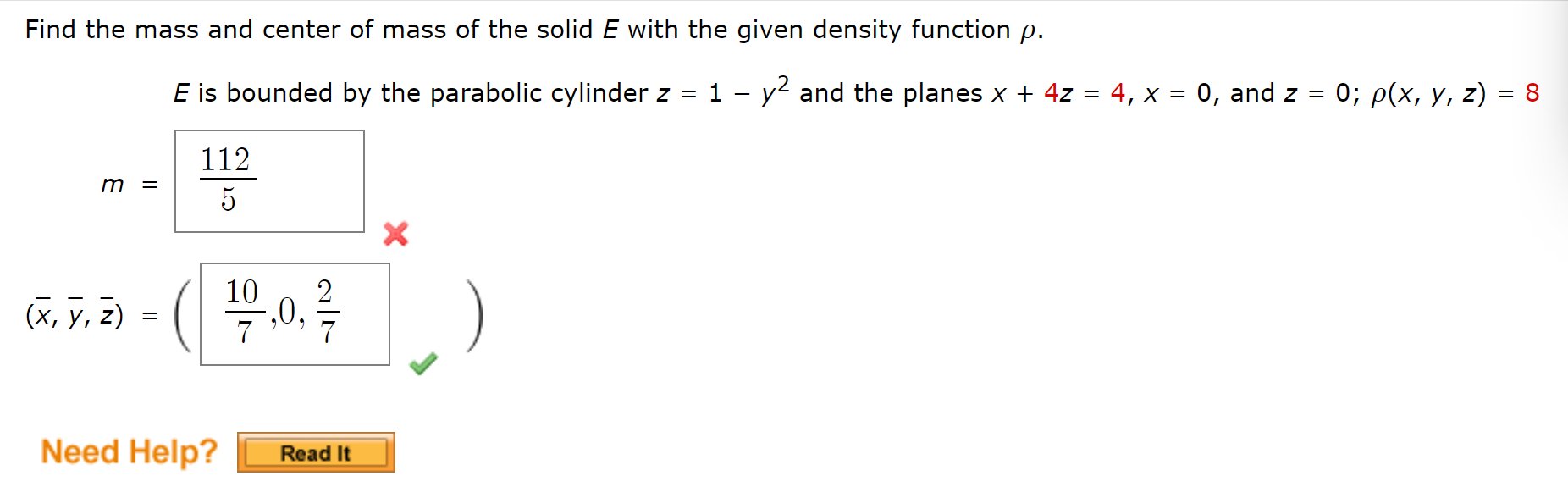 Solved Find the mass and center of mass of the solid E with | Chegg.com