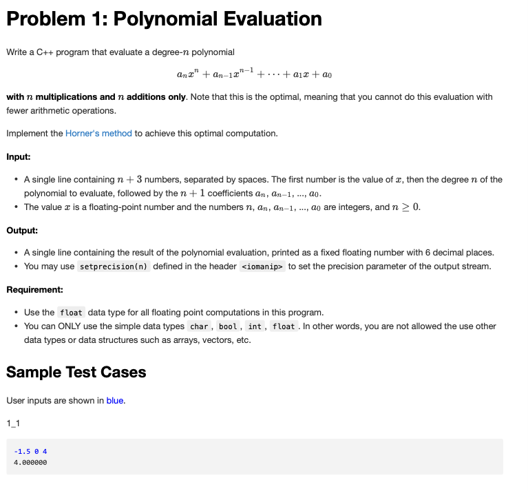 Problem 1: Polynomial Evaluation Write a C++ program | Chegg.com