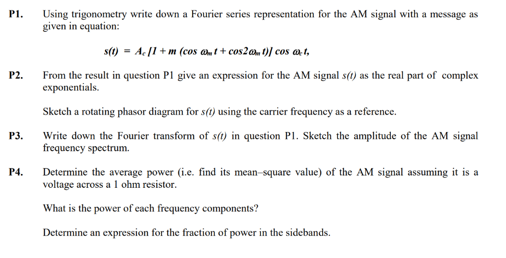 Solved P1 Using trigonometry write down a Fourier series | Chegg.com