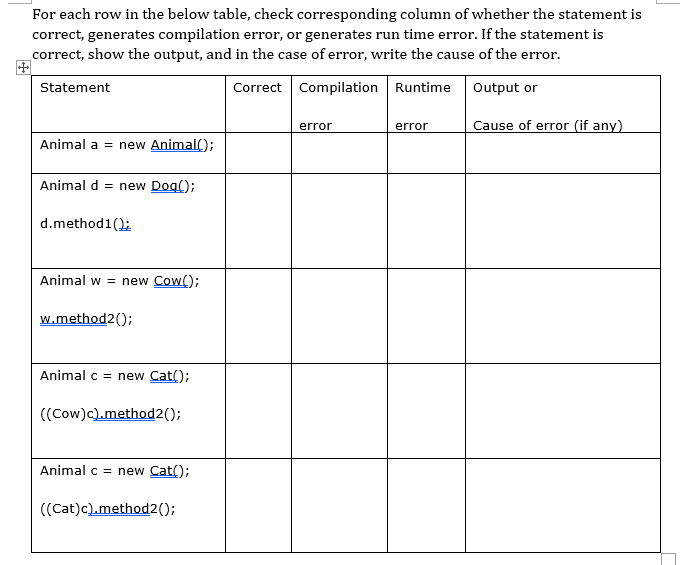 Solved Table shows abstract class Animal { public abstract | Chegg.com