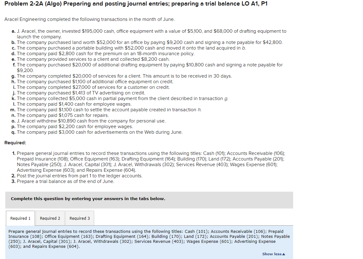 Solved Problem 2-2A (Algo) Preparing and posting journal | Chegg.com