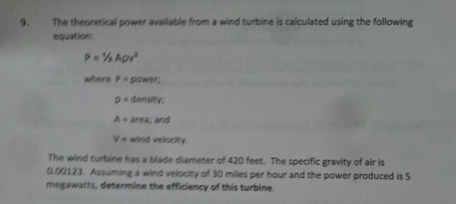 Solved The theoretical power available from a wind turbine | Chegg.com