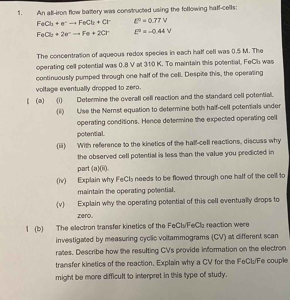 Solved An all-iron flow battery was constructed using the | Chegg.com