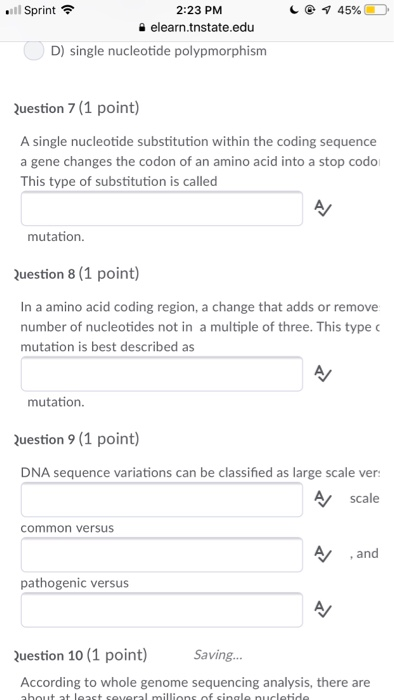 Solved Sprint 45% @.О 2:23 PM elearn.tnstate.edu c D) single | Chegg.com