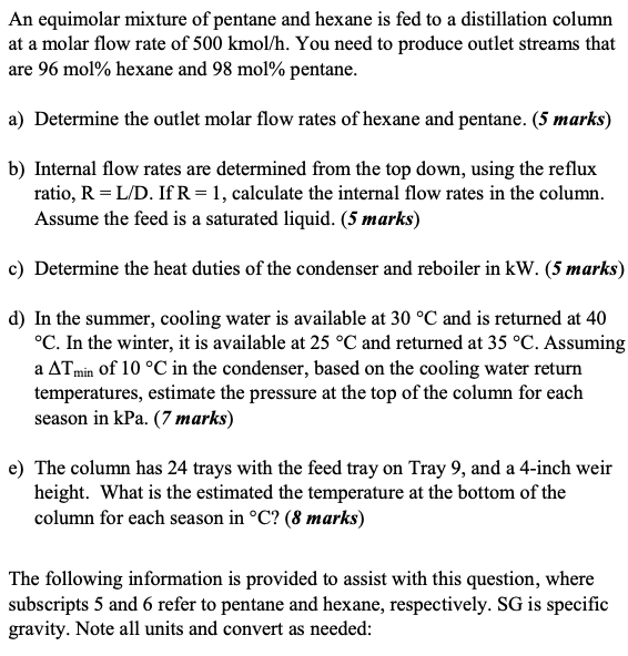 Solved An equimolar mixture of pentane and hexane is fed to | Chegg.com