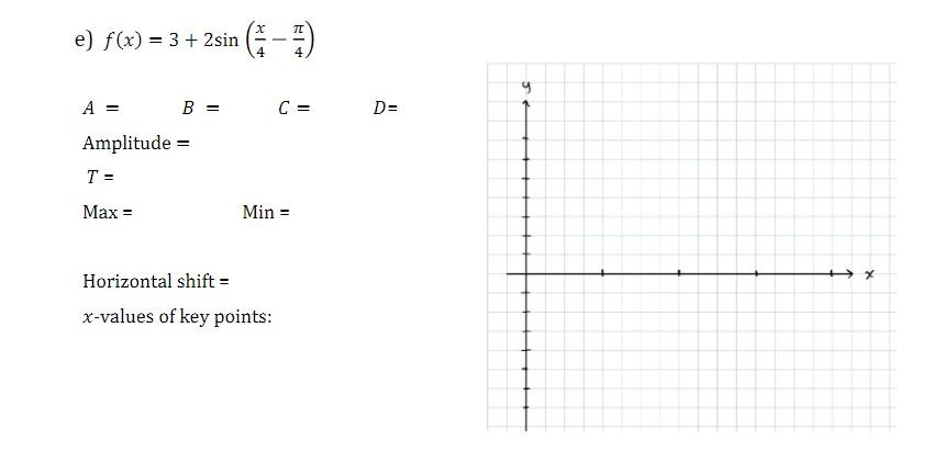 Solved d) F(x)=−3sinx+5 A=B= Amplitude = T= Max= Min = | Chegg.com