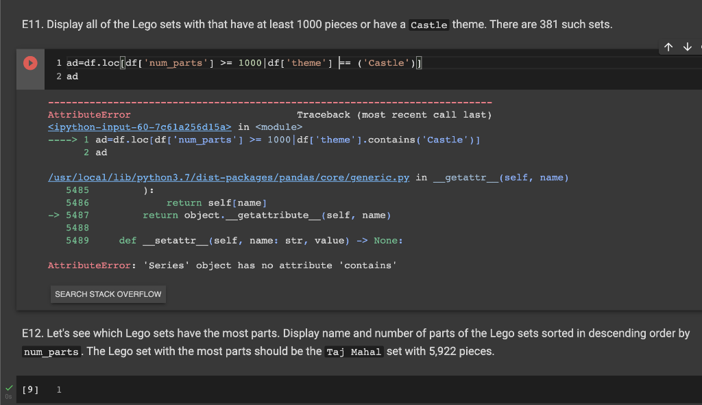 E11. Display all of the Lego sets with that have at | Chegg.com