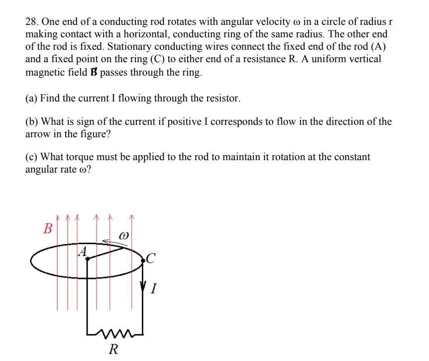 Solved 28. One end of a conducting rod rotates with angular | Chegg.com