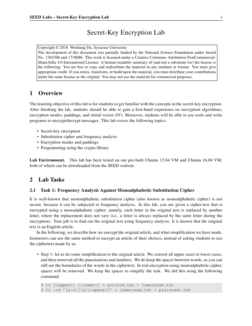 SEED Labs - Secret-Key Encryption Lab Secret-Key | Chegg.com
