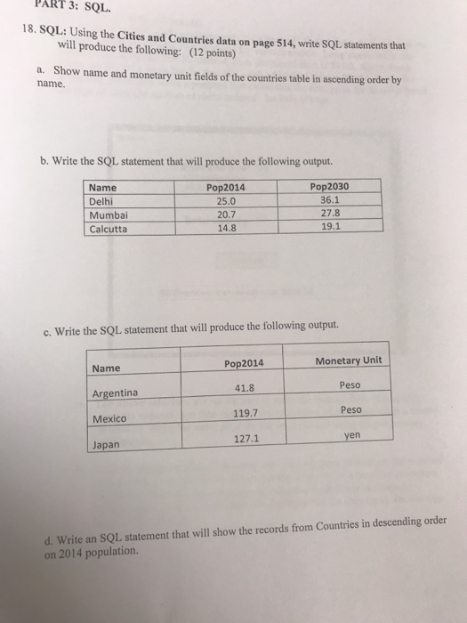 Solved PART 3: SQL. 18. SQL: Using the Cities and Countries | Chegg.com