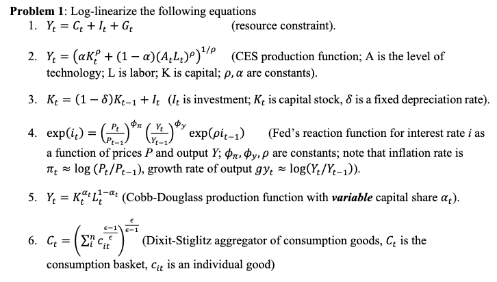 Problem 1: Log-linearize the following equations 1. Y | Chegg.com