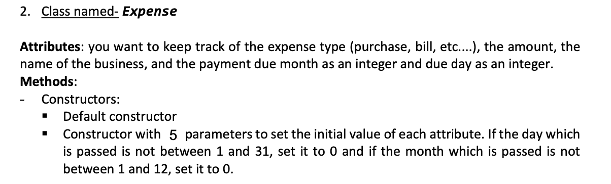 Solved 2. Class named- Expense Attributes: you want to keep | Chegg.com