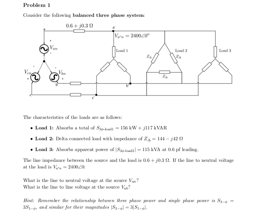 Solved Problem 1 Consider the following balanced three phase | Chegg.com