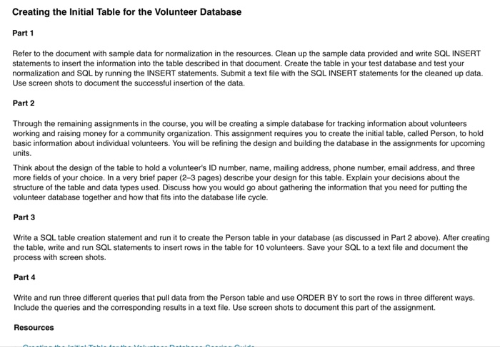 Solved Creating the Initial Table for the Volunteer Database | Chegg.com