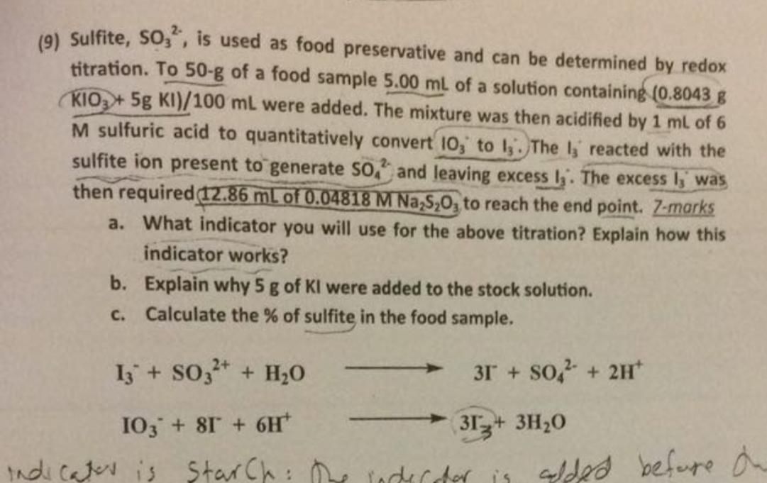 (9) Sulfite, S03%, is used as food preservative and | Chegg.com