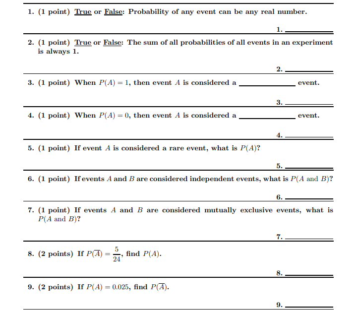 Solved 1. (1 point) True or False: Probability of any event | Chegg.com
