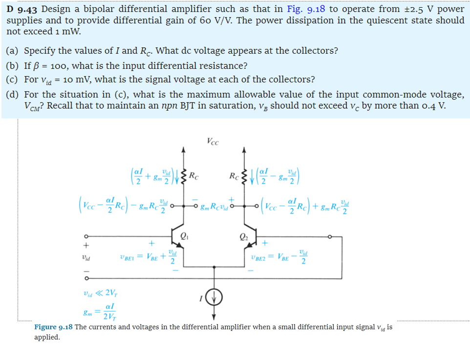Solved D 9.43 Design a bipolar differential amplifier such | Chegg.com