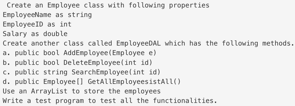 Solved Create an Employee class with following properties | Chegg.com