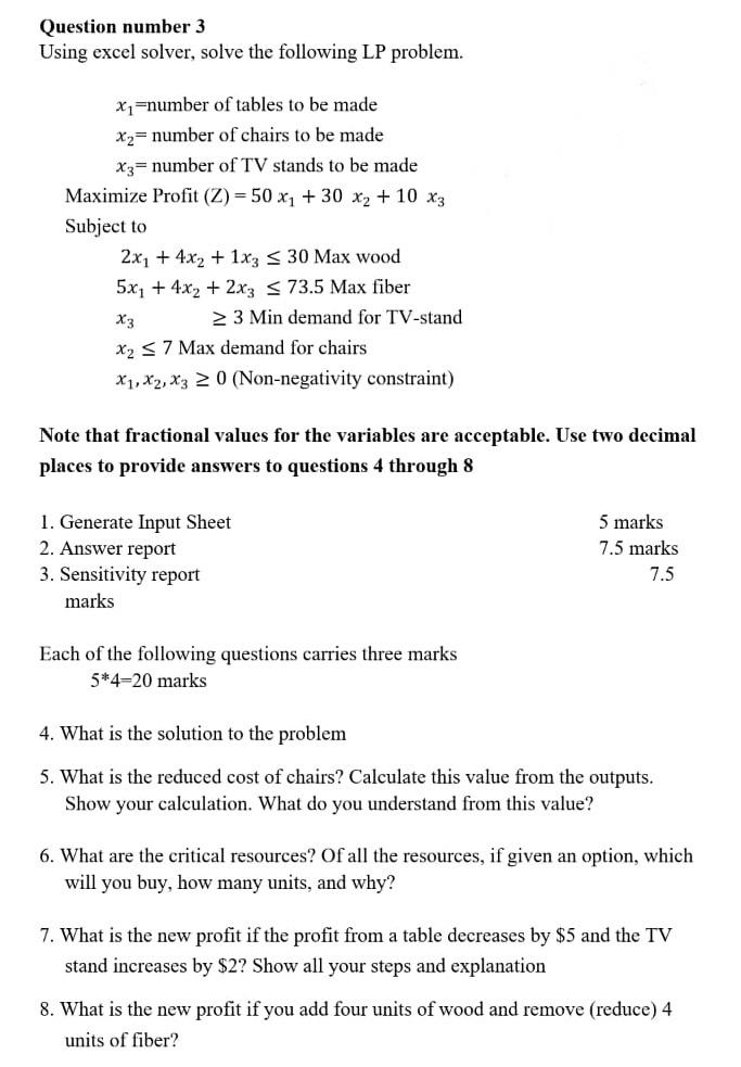 Solved Question number 3 Using excel solver, solve the | Chegg.com