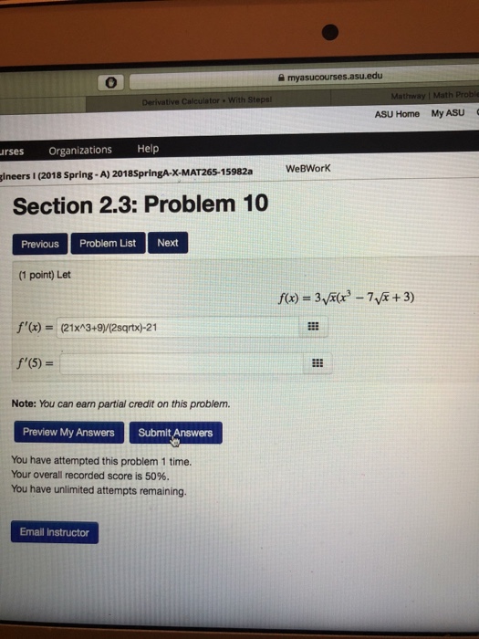 Solved 슬 myasucourses.asu.edu Derivative Calculator With | Chegg.com