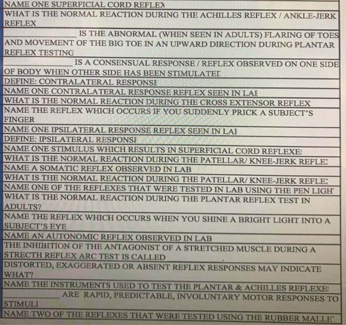 Solved NAME ONE SUPERFICIAL CORD REFLEX WHAT IS THE NORMAL | Chegg.com
