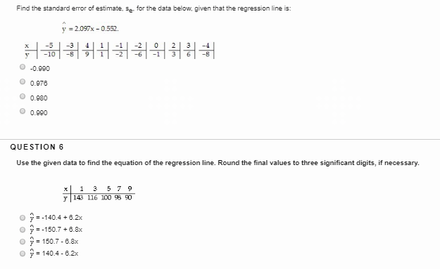 Solved Find the standard error of estimate, se. for the data | Chegg.com