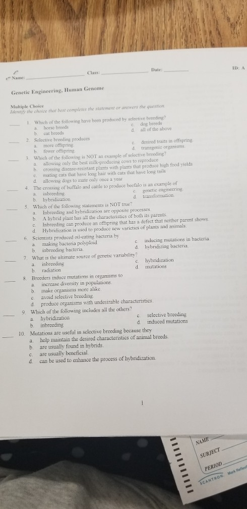 Solved Class: Date: e Name: ID: A Genetic Engineering, Human | Chegg.com