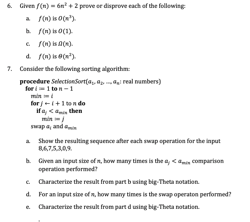 Solved 6. Given f(n)=6n2+2 prove or disprove each of the | Chegg.com