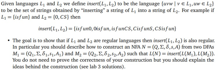 Solved Given languages L1 and L2 we define insert(L1, L2) to | Chegg.com