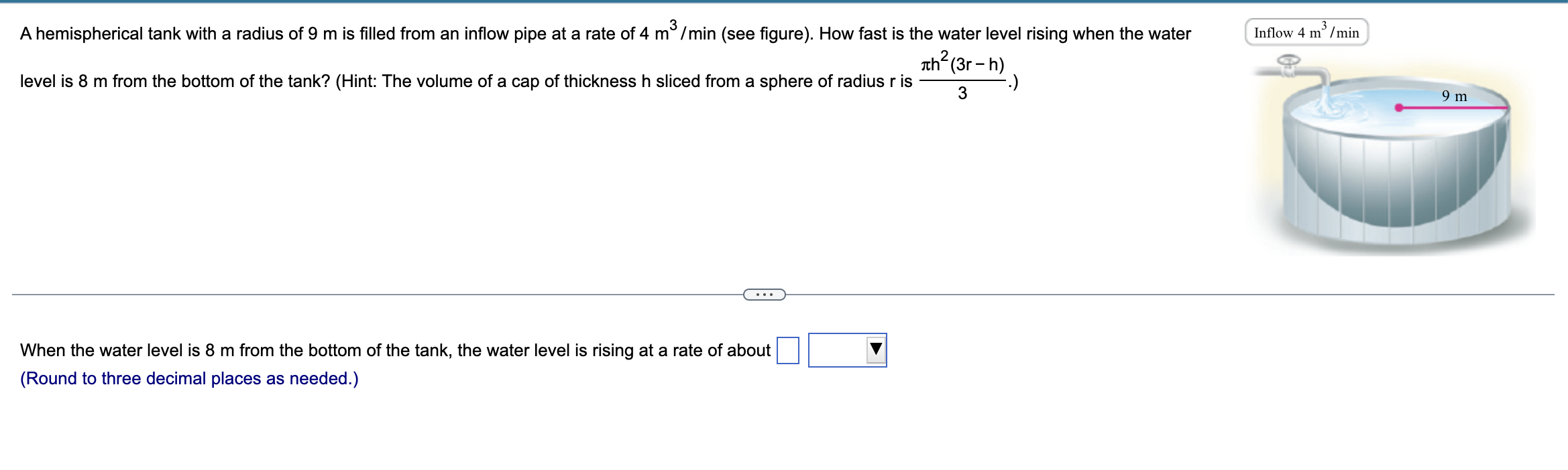 Solved A hemispherical tank with a radius of 9 m is filled | Chegg.com