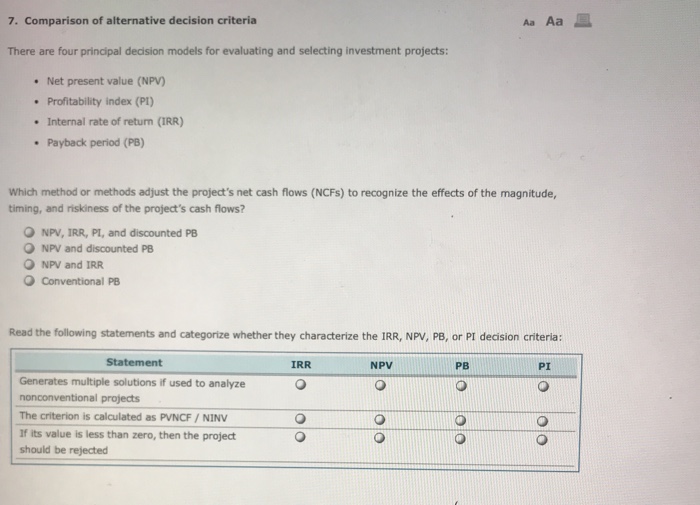 Solved 7. Comparison of alternative decision criteria Aa Aa | Chegg.com
