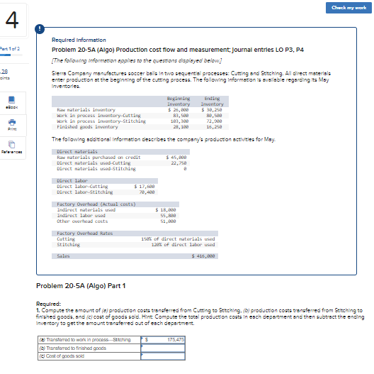 Solved Required Information Problem 20-5A (Algo) Production | Chegg.com