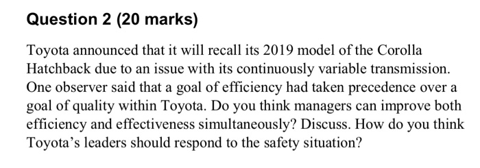 Solved Question 2 (20 marks) Toyota announced that it will | Chegg.com
