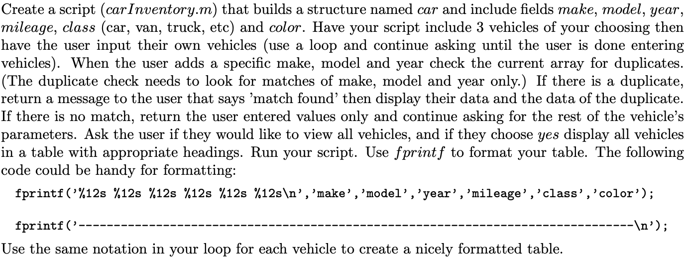 Create a script (car Inventory.m) that builds a | Chegg.com