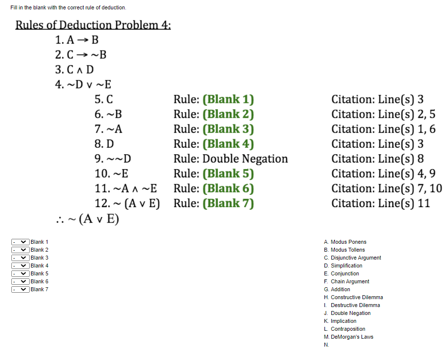 Fill in the blank with the correct rule of deduction. | Chegg.com