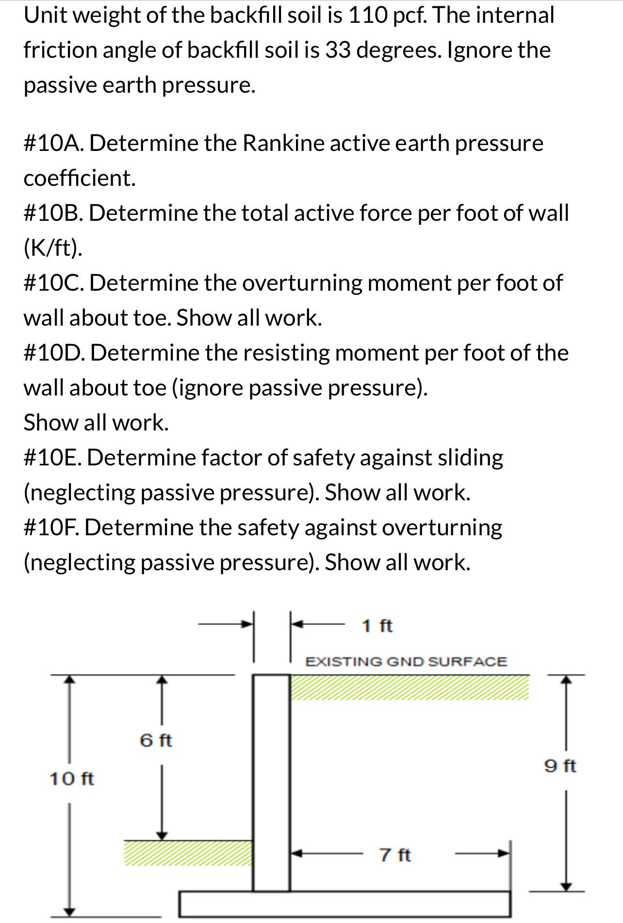 Solved Unit weight of the backfill soil is 110 ﻿pcf. ﻿The | Chegg.com