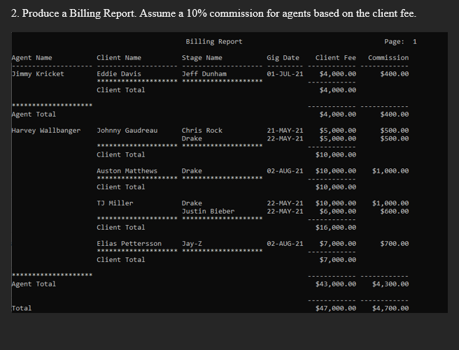 Solved 2. Produce a Billing Report. Assume a 10% commission | Chegg.com