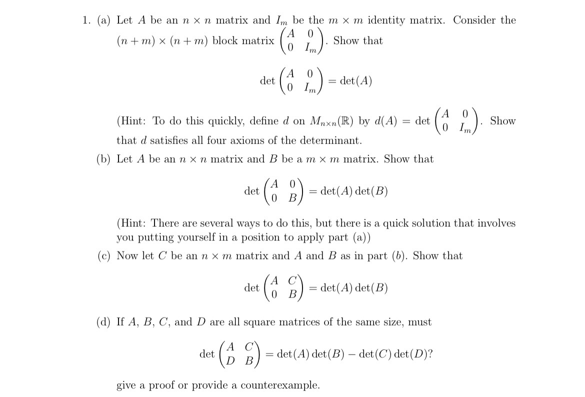 Solved (a) Let A be an n×n matrix and Im be the m×m identity | Chegg.com