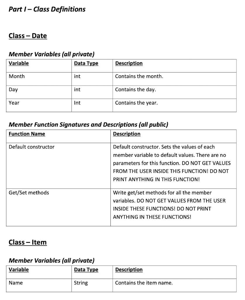 Solved Part 1 - Class Definitions Class - Date Member | Chegg.com