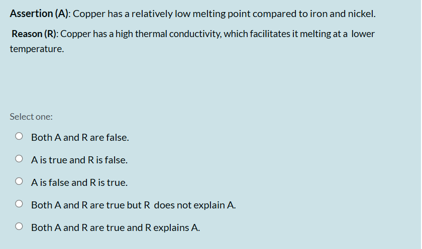Solved Assertion (A): Copper has a relatively low melting | Chegg.com