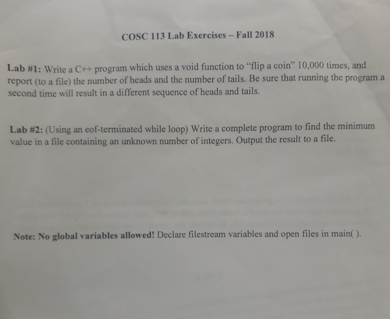 Solved COSC 113 Lab Exercises - Fall 2018 Lab #1: Write a | Chegg.com