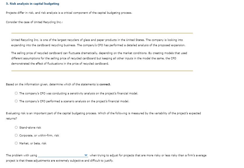 Solved 5. Risk analysis in capital budgeting Projects differ | Chegg.com