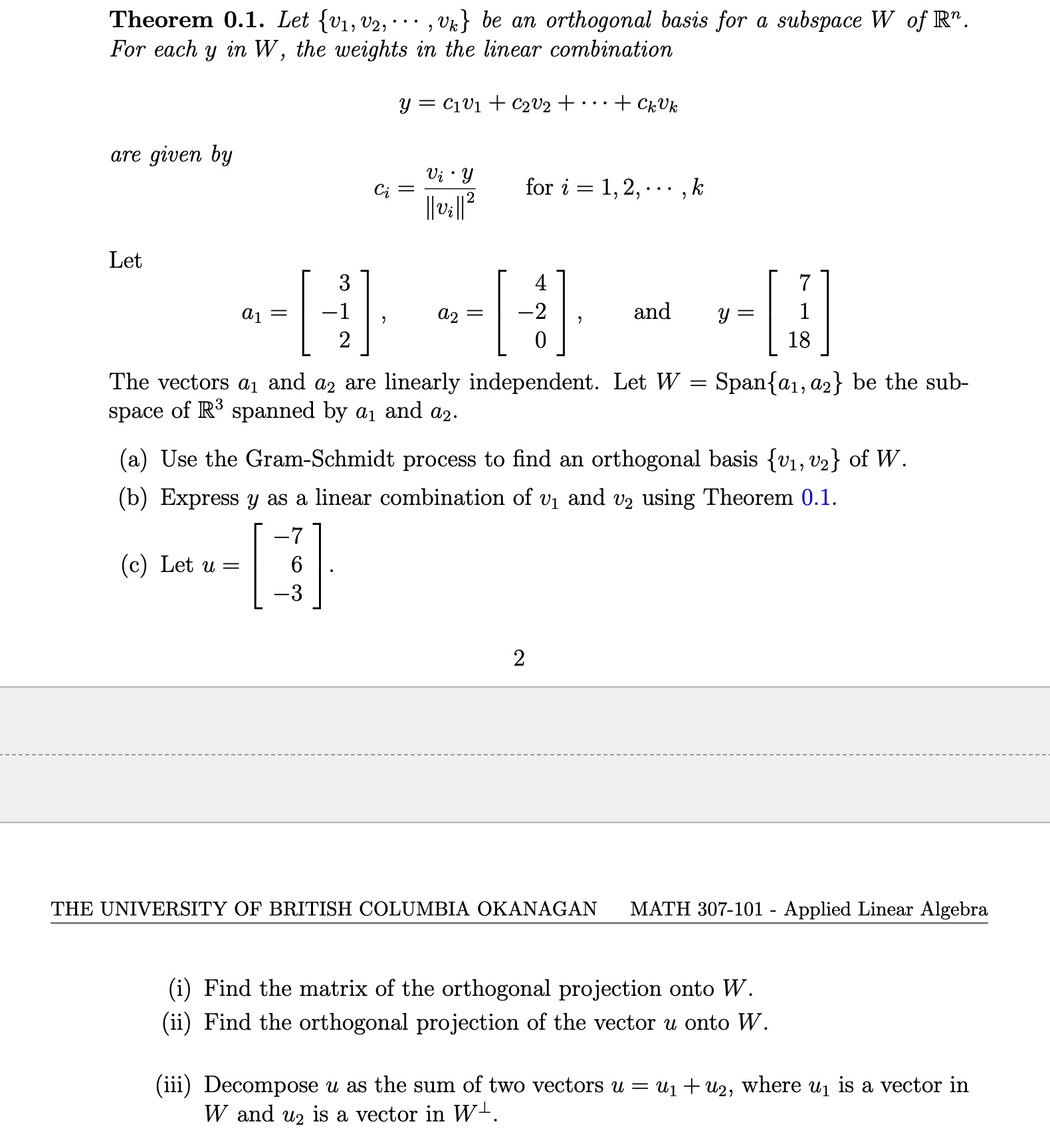 Solved (i) ﻿Find the matrix of the orthogonal projection | Chegg.com