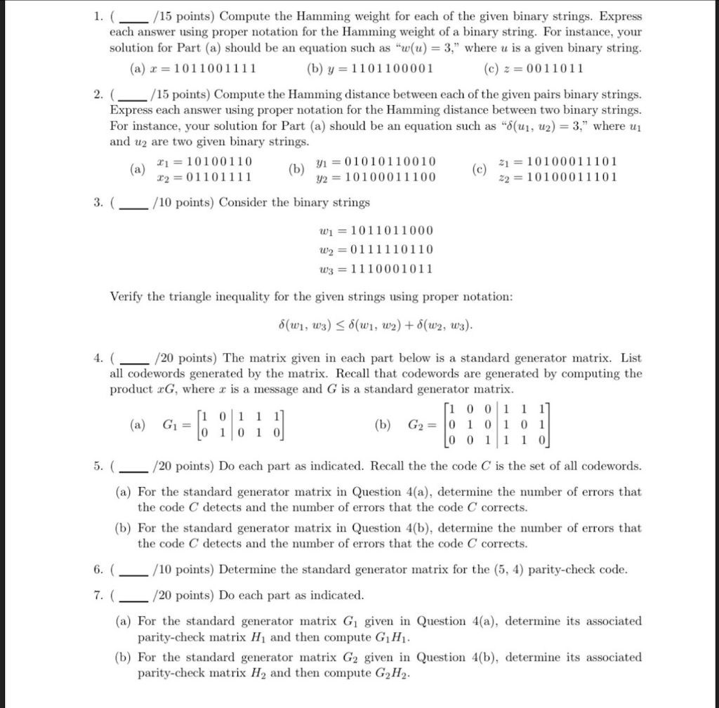 Solved 1. ( /15 points) Compute the Hamming weight for each | Chegg.com