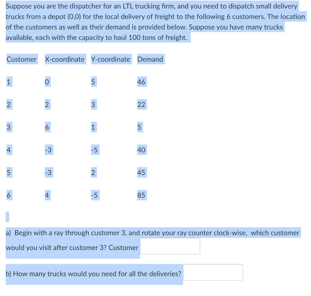 Solved Suppose you are the dispatcher for an LTL trucking | Chegg.com