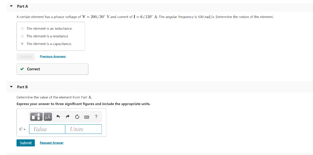 Solved Part A A certain element has a phasor voltage of V | Chegg.com