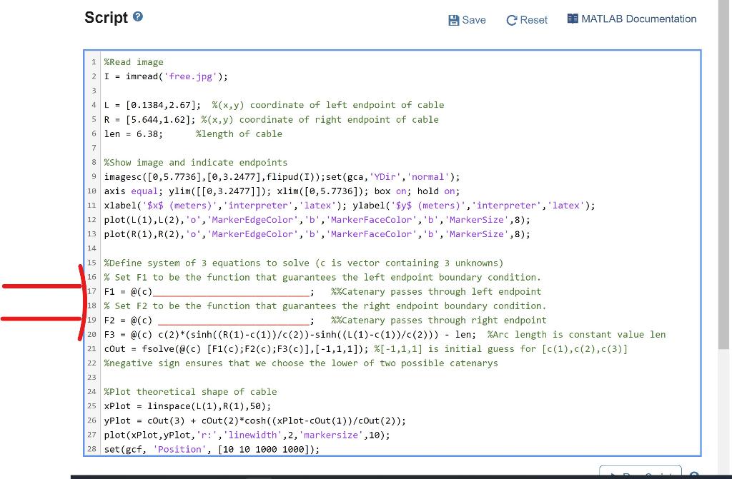 Solved Matlab, Fit the hanging cable with a catenary, write | Chegg.com