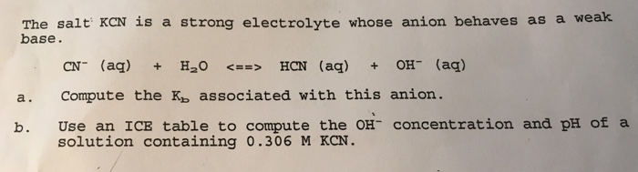 Solved The salt KCN is a strong electrolyte whose anion | Chegg.com