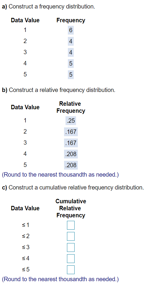 Solved a) Construct a frequency distribution. Data Value | Chegg.com