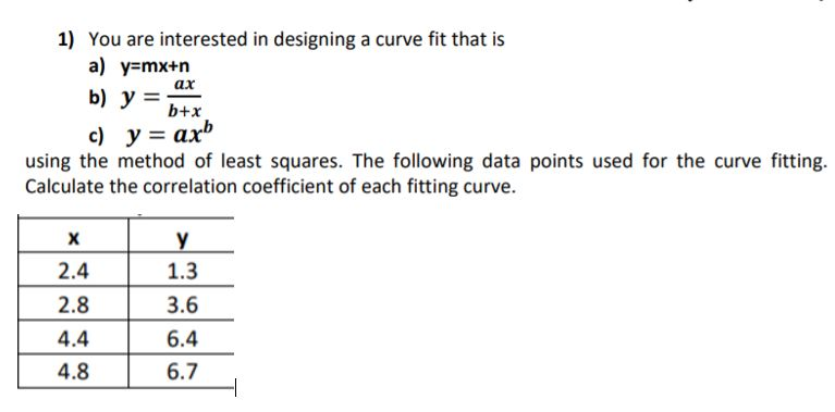 Solved 1) You are interested in designing a curve fit that | Chegg.com